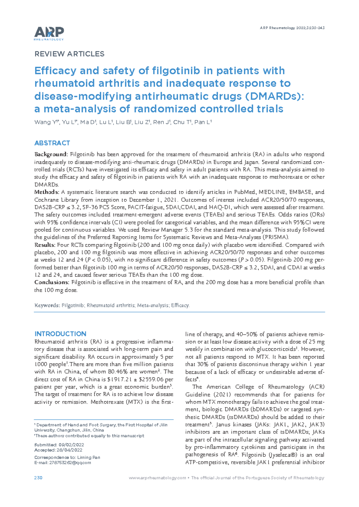 Efficacy & Safety of Filgotinib in Rheumatoid Arthritis: A Meta ...