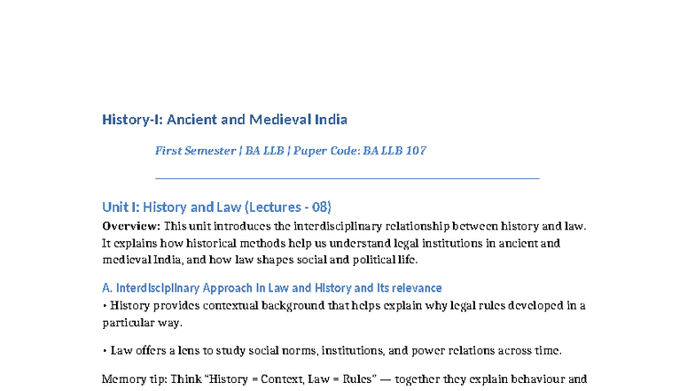 BA LLB 107: Ancient & Medieval India - Unit I & II Lecture Notes - Studocu