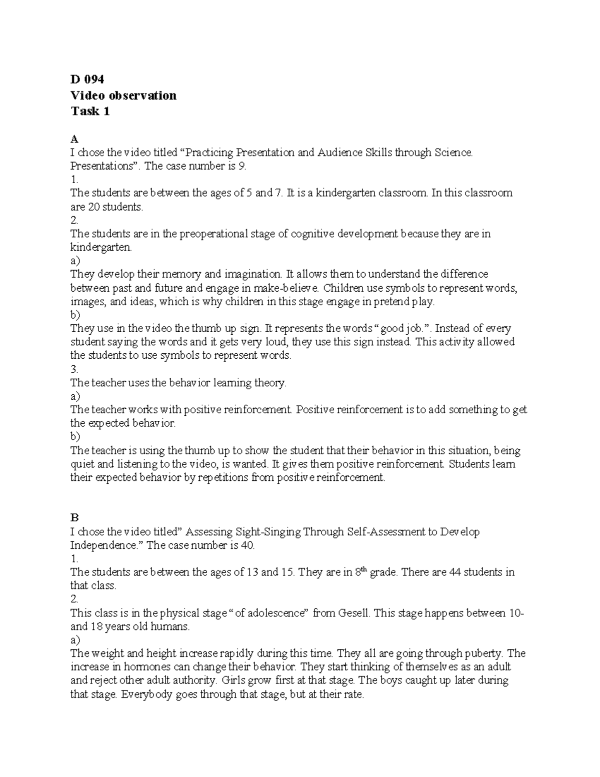 D094 Task 1 - Video Observation Reports on Learning Theories - Studocu