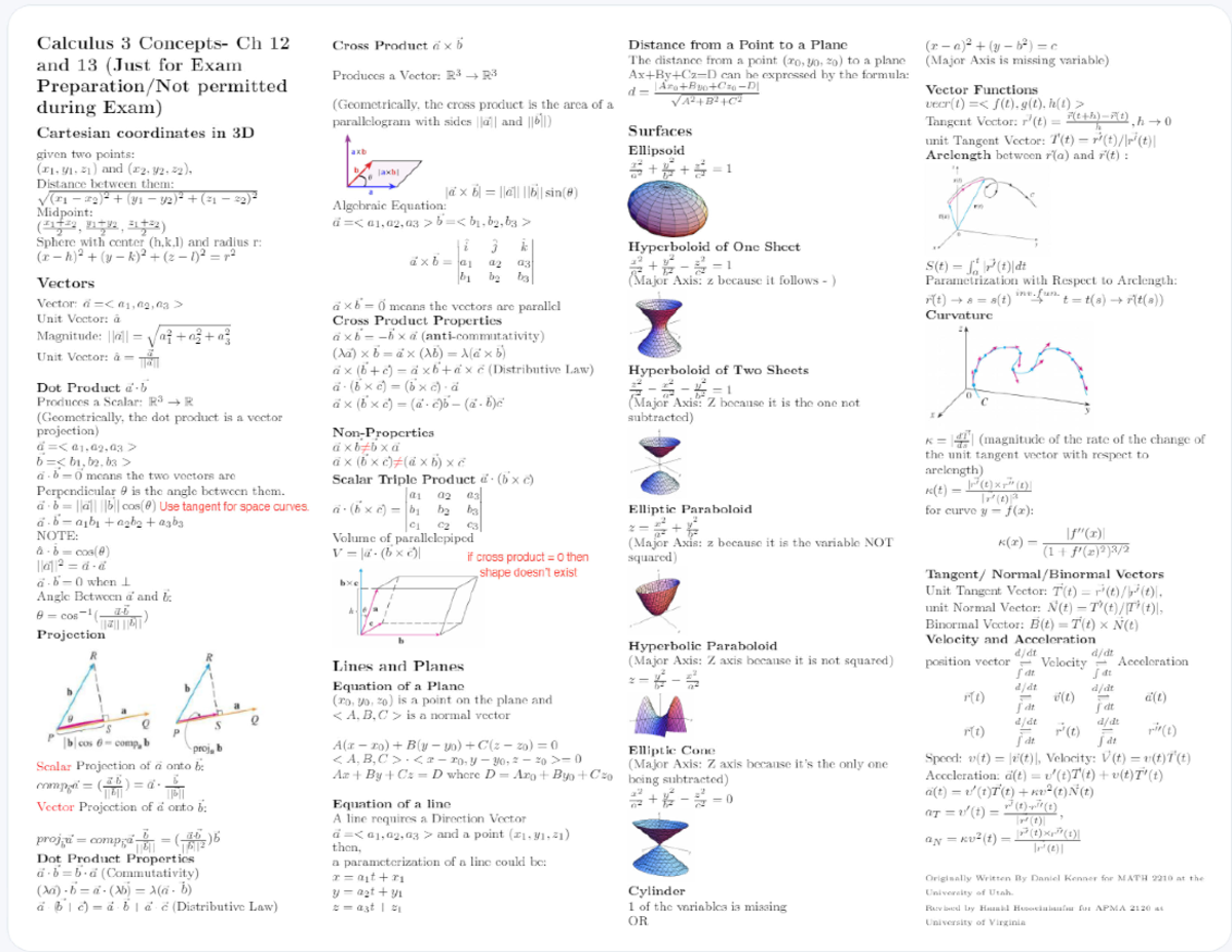 Calculus 3 MATH 2210 Ch 12 & 13 Exam Notes: Cross Product & Distance ...