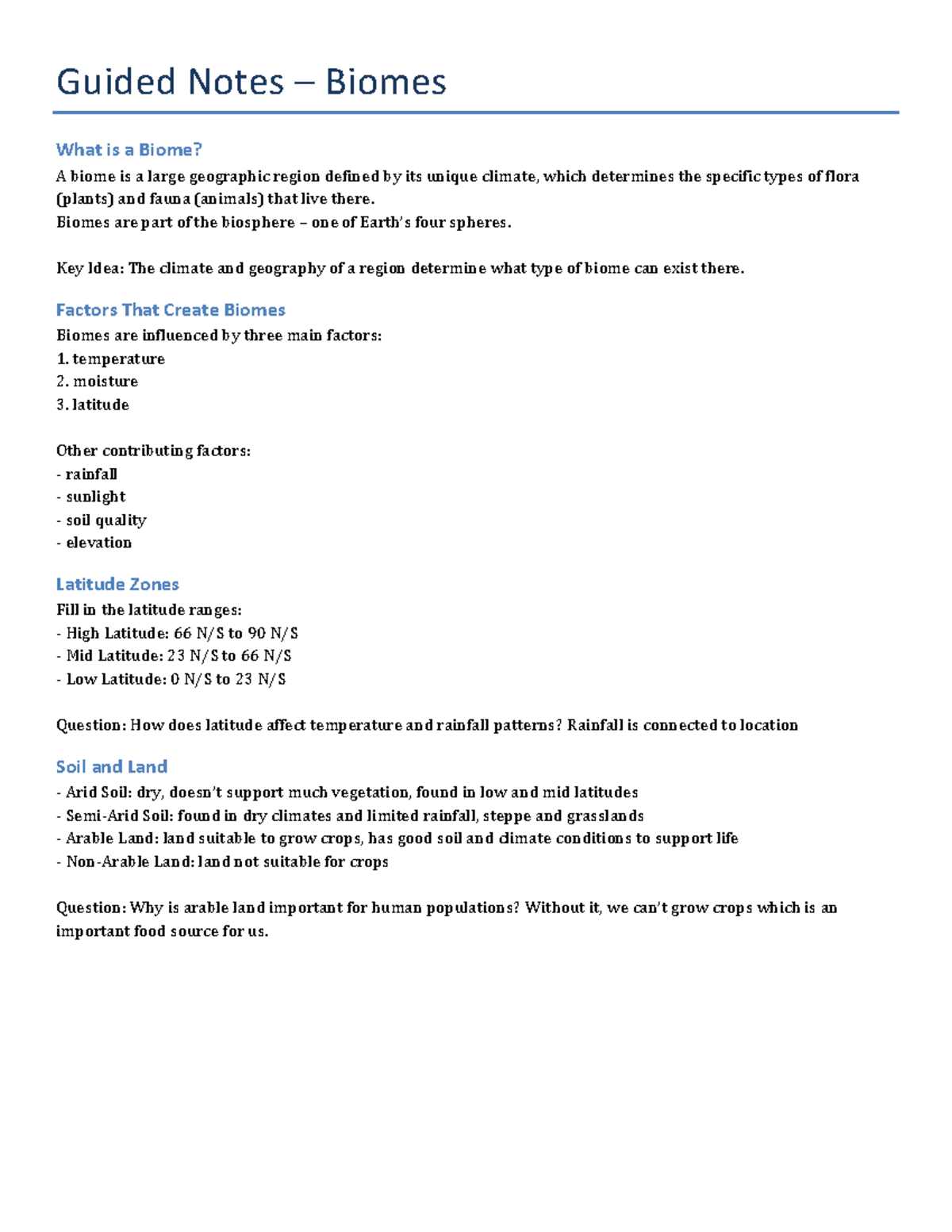 Guided Notes: Understanding Biomes and Their Characteristics - Studocu