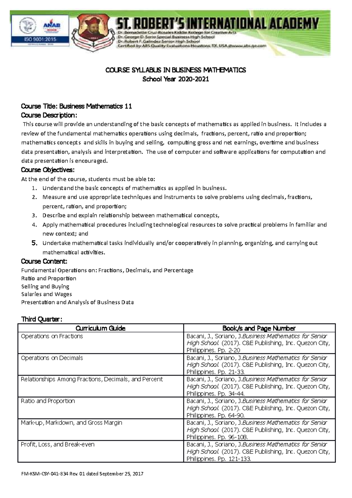 Syllabus for Business Mathematics 11 (FM-KSM-CSY-041-834) - Studocu