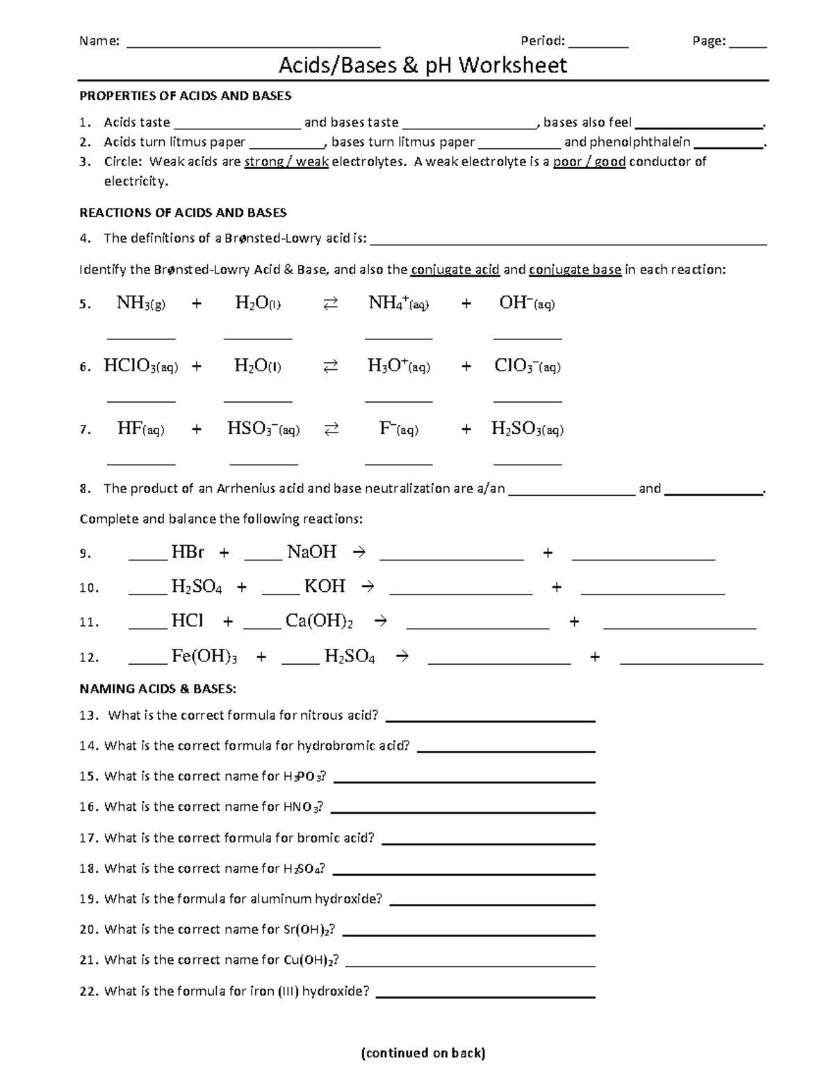 Acids, Bases & pH Worksheet - Chemistry 101 Review Guide - Studocu