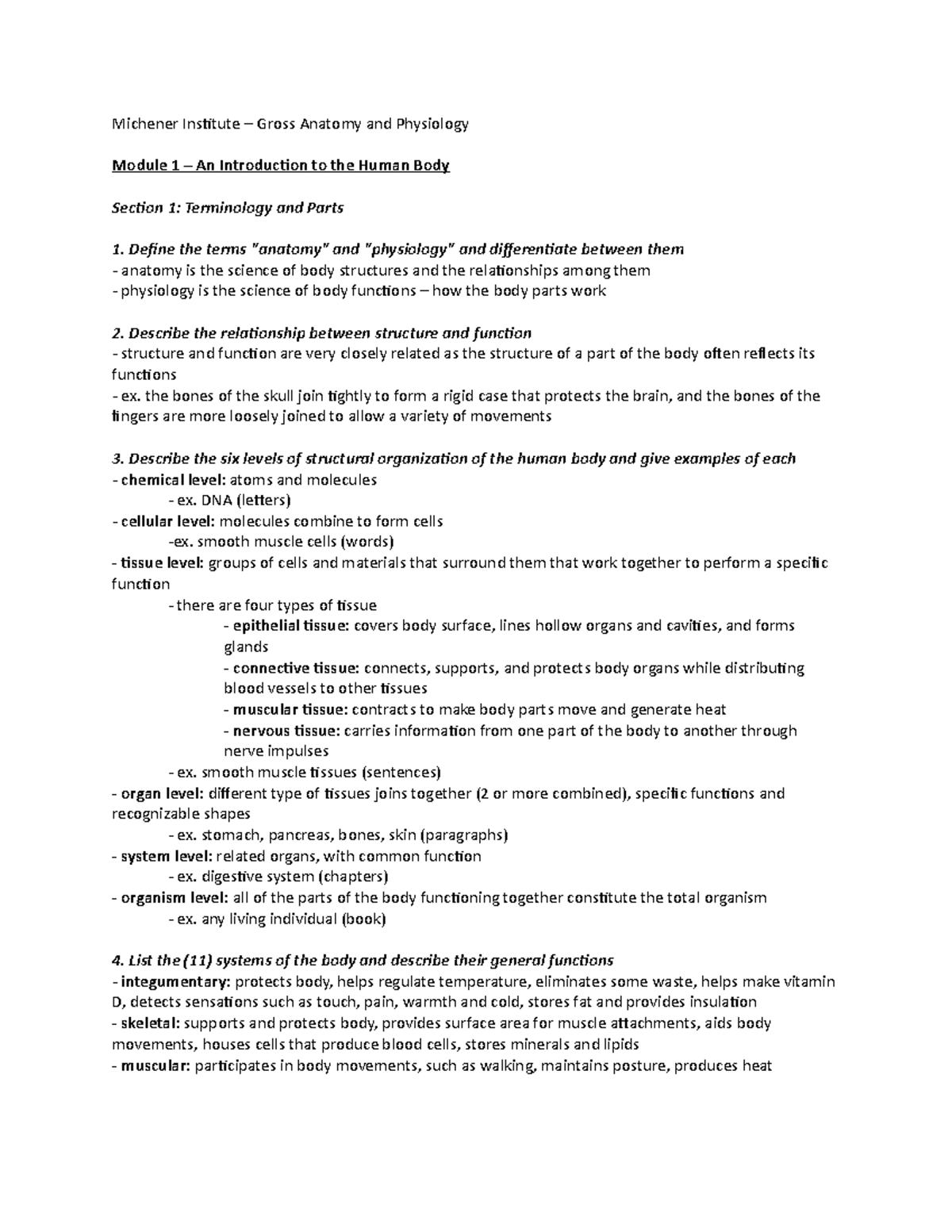 Chapter 1,2,4 - Michener Institute – Gross Anatomy and Physiology ...