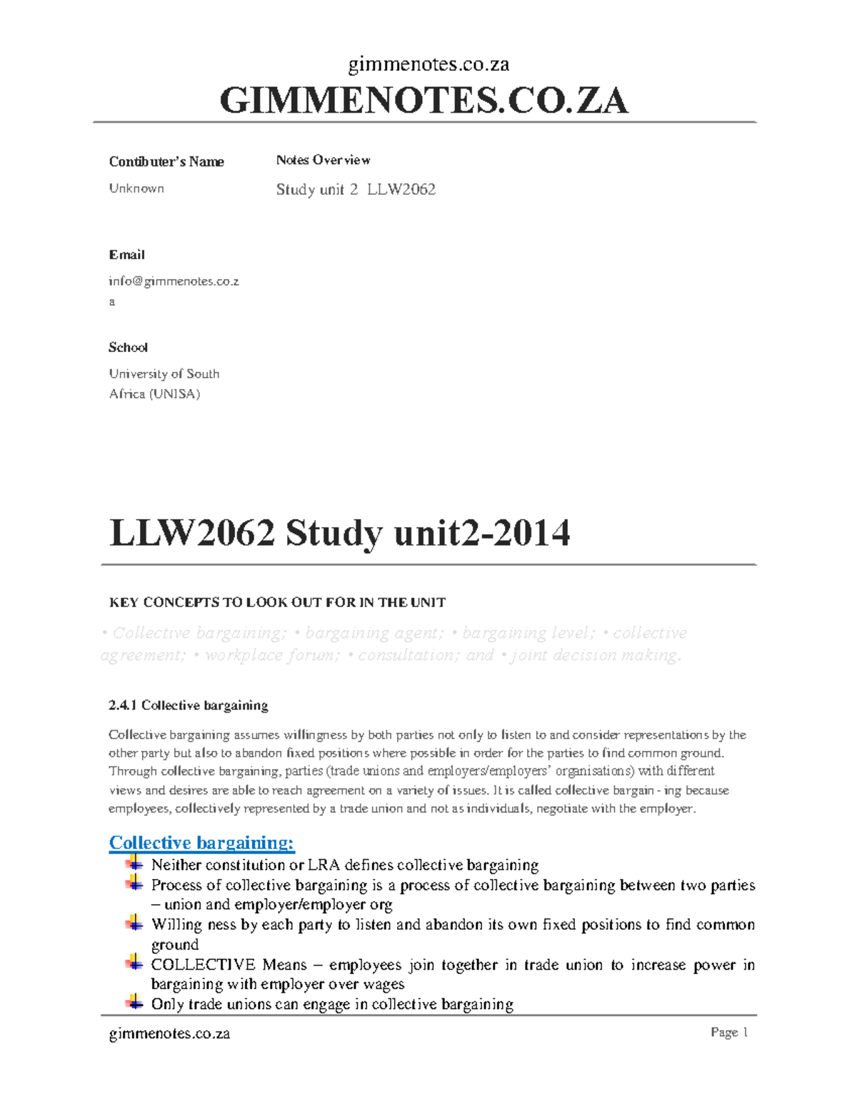 LLW 2062 Study Unit 2: Collective Bargaining Notes and Key Concepts ...