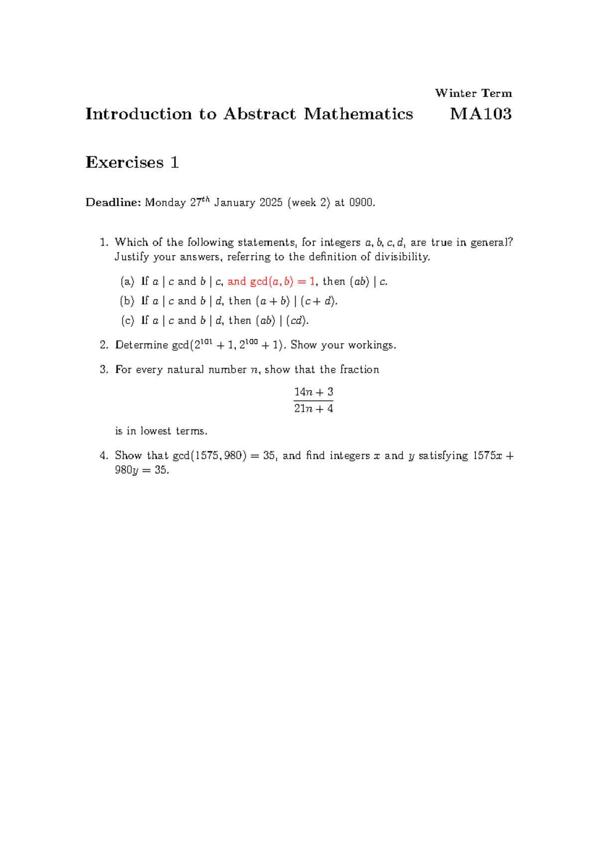 MA103 - Exercise 1 Winter Term - Winter Term Introduction to Abstract ...