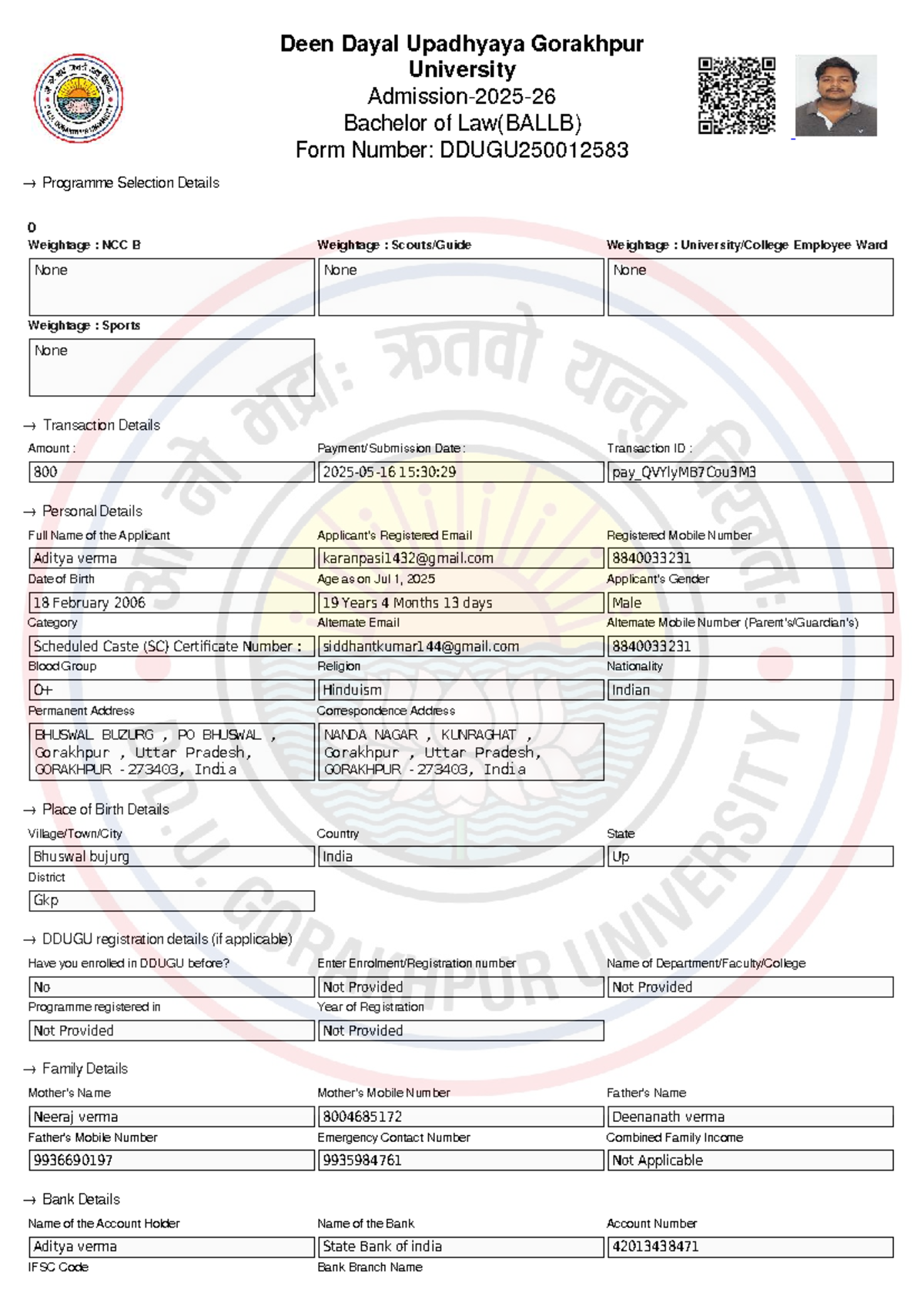 DDUGU BALLB Application Form Details for Aditya Verma - Studocu