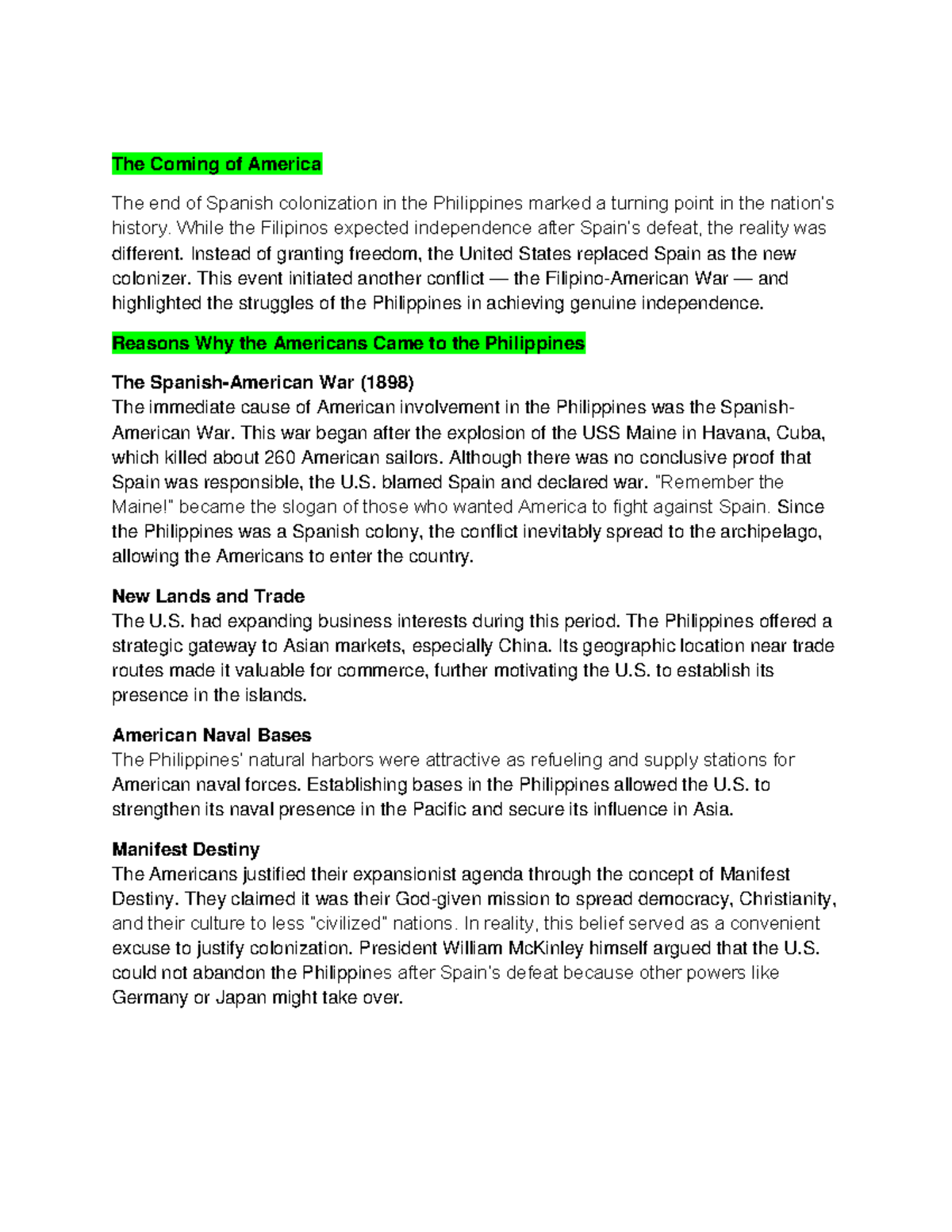 Philippine History: The Transition from Spanish to American Rule - Studocu