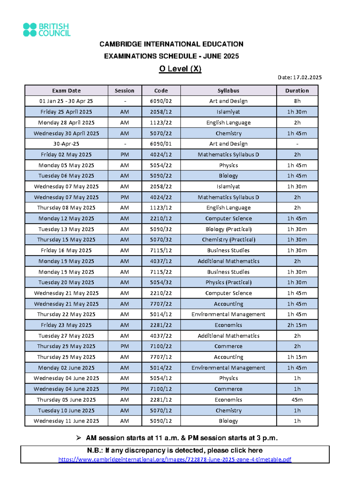 CIE O Level Exam Schedule June 2025 - Timetable Overview - Studocu
