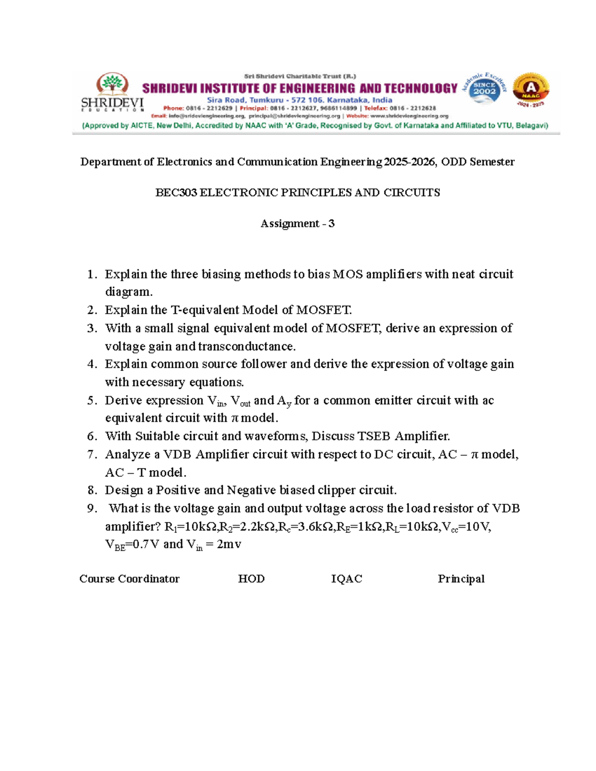 BEC303 ODD Sem EPC Question Bank: MOS Amplifiers & Biasing Methods ...