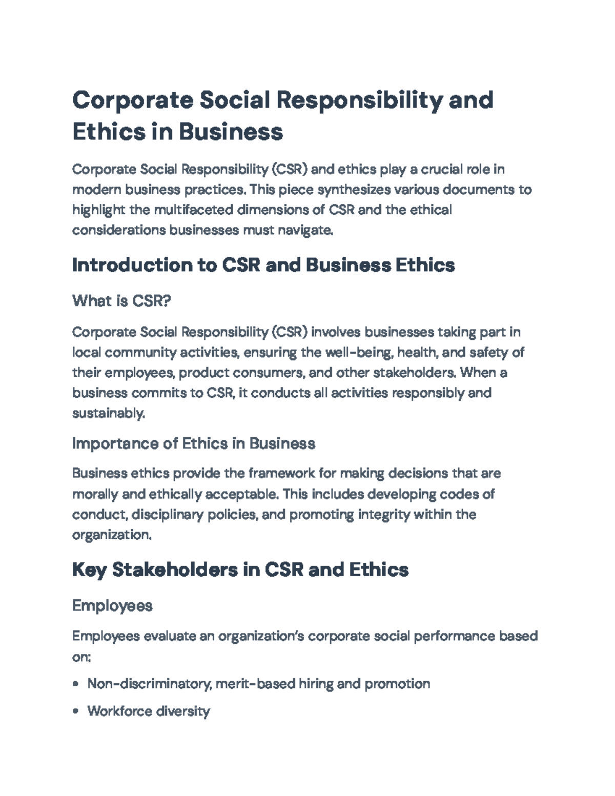 Corporate Social Responsibility & Ethics in Business: An Overview - Studocu