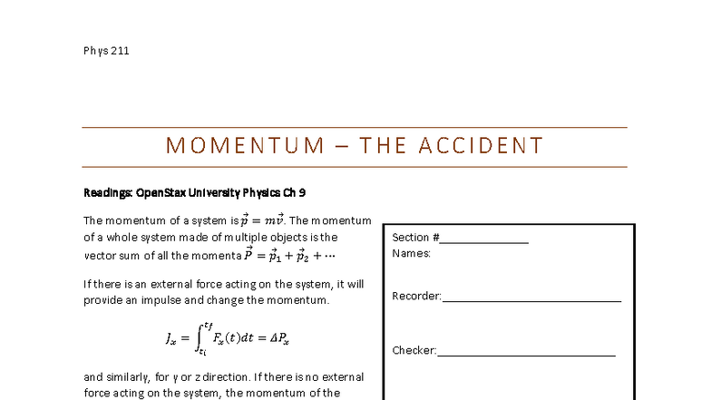 Phys 211 Case Study: Analyzing Momentum in an Auto Accident - Studocu