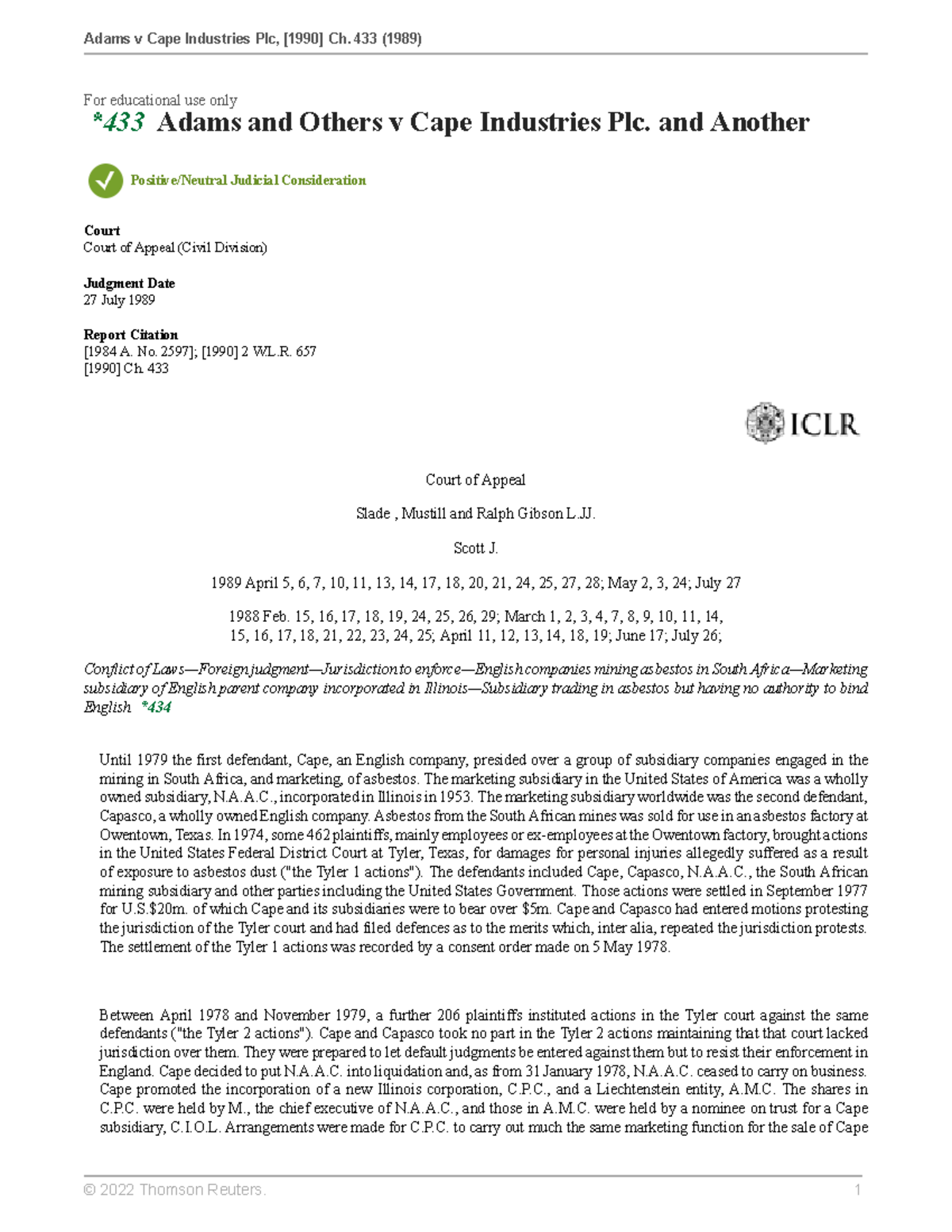 Adams v Cape Industries Plc: Review of Jurisdiction & Liability Issues ...