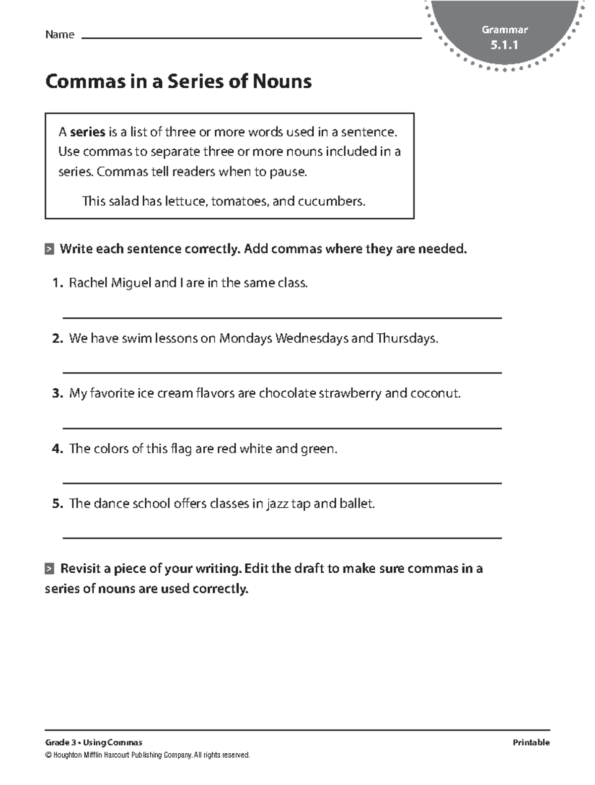 Grammar 5.1.1-5.1.5: Using Commas in Series for Grade 3 - Studocu