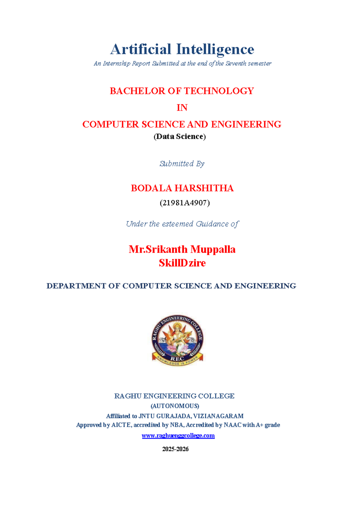 Internship Report on AI: B.Tech CSE (Data Science) - SkillDzire - Studocu