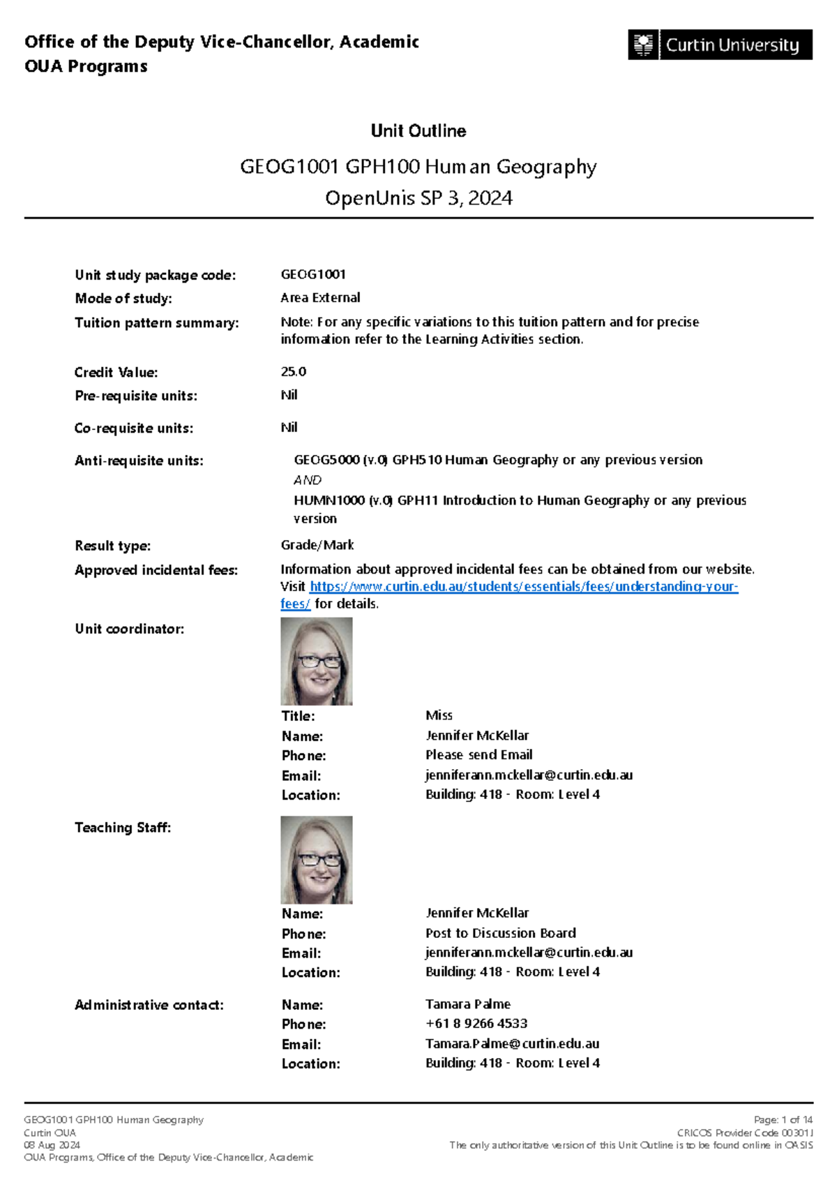 GEOG1001 GPH100 Human Geography Unit Outline SP 3 2024 - Curtin OUA ...