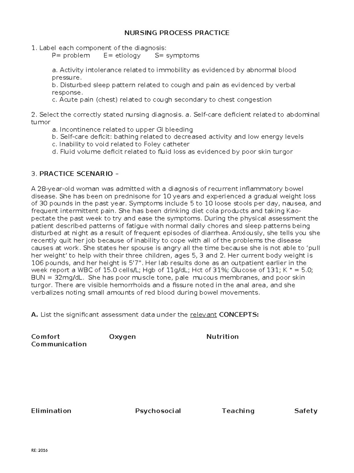 NURS 101: Nursing Process Practice - Diagnosis & Assessment Notes - Studocu