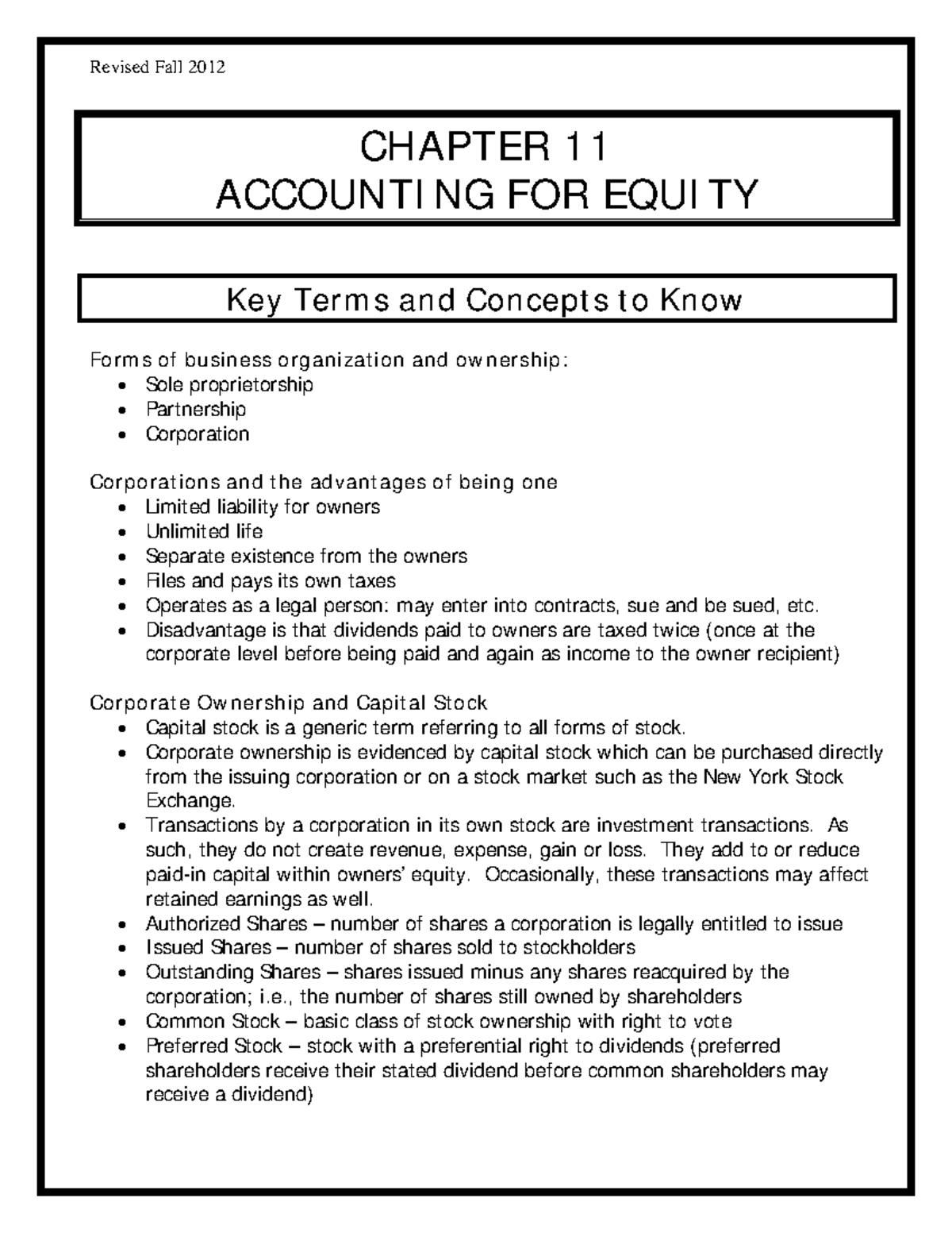 ACC101-Chapter 11new - notes - CHAPTER 11 ACCOUNTI NG FOR EQUI TY Key ...