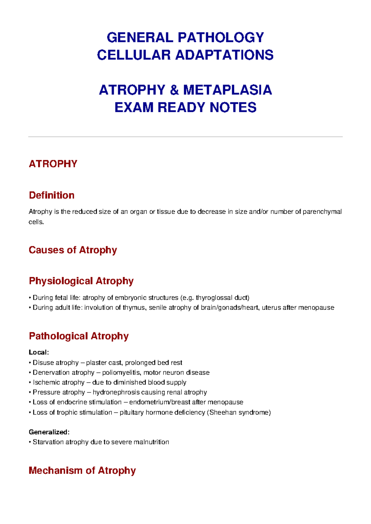 GENERAL PATHOLOGY EXAM READY NOTES: ATROPHY & METAPLASIA - Studocu