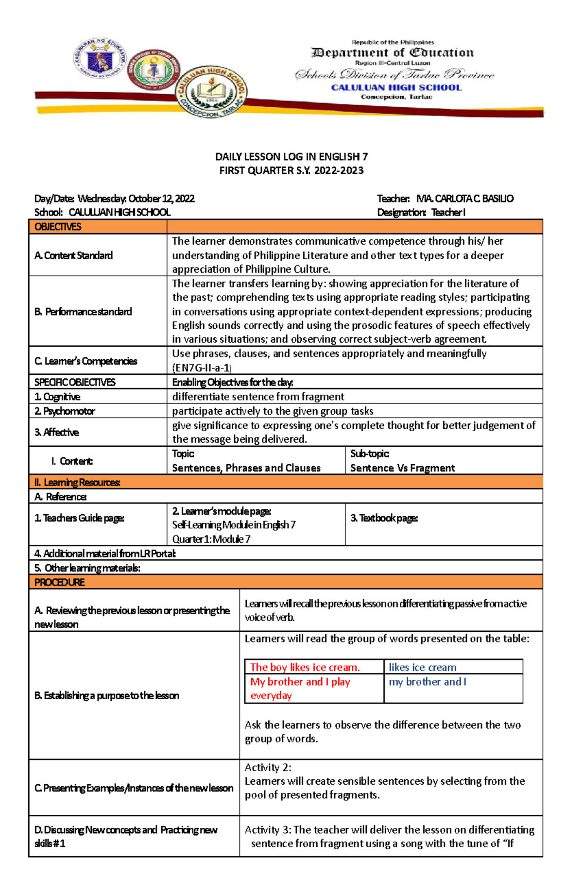 COT 1st Q - Lesson Plan: Understanding Sentences & Fragments in English ...