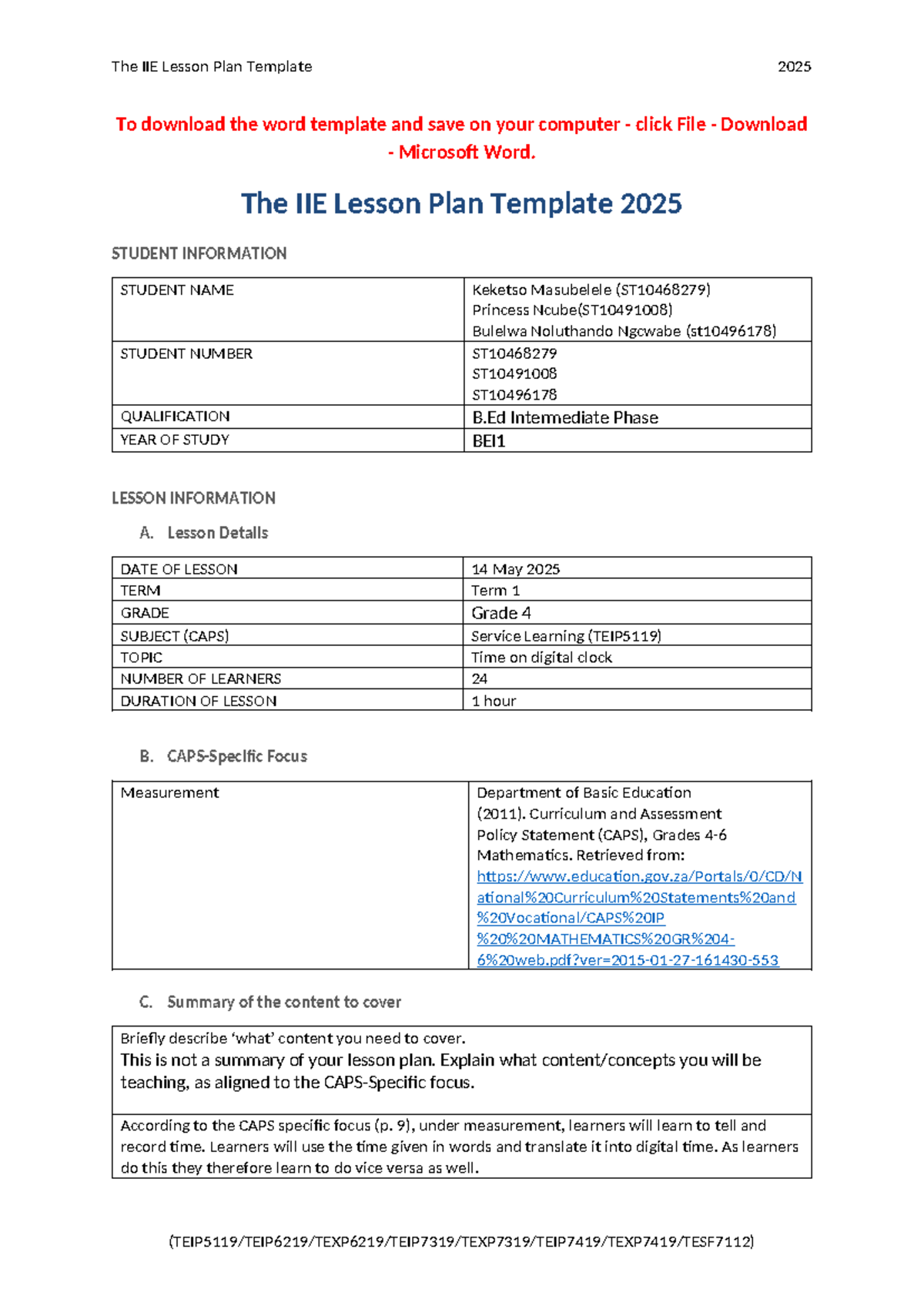 2025 IIE Lesson Plan Template for Grade 4: Teaching Time Concepts - Studocu
