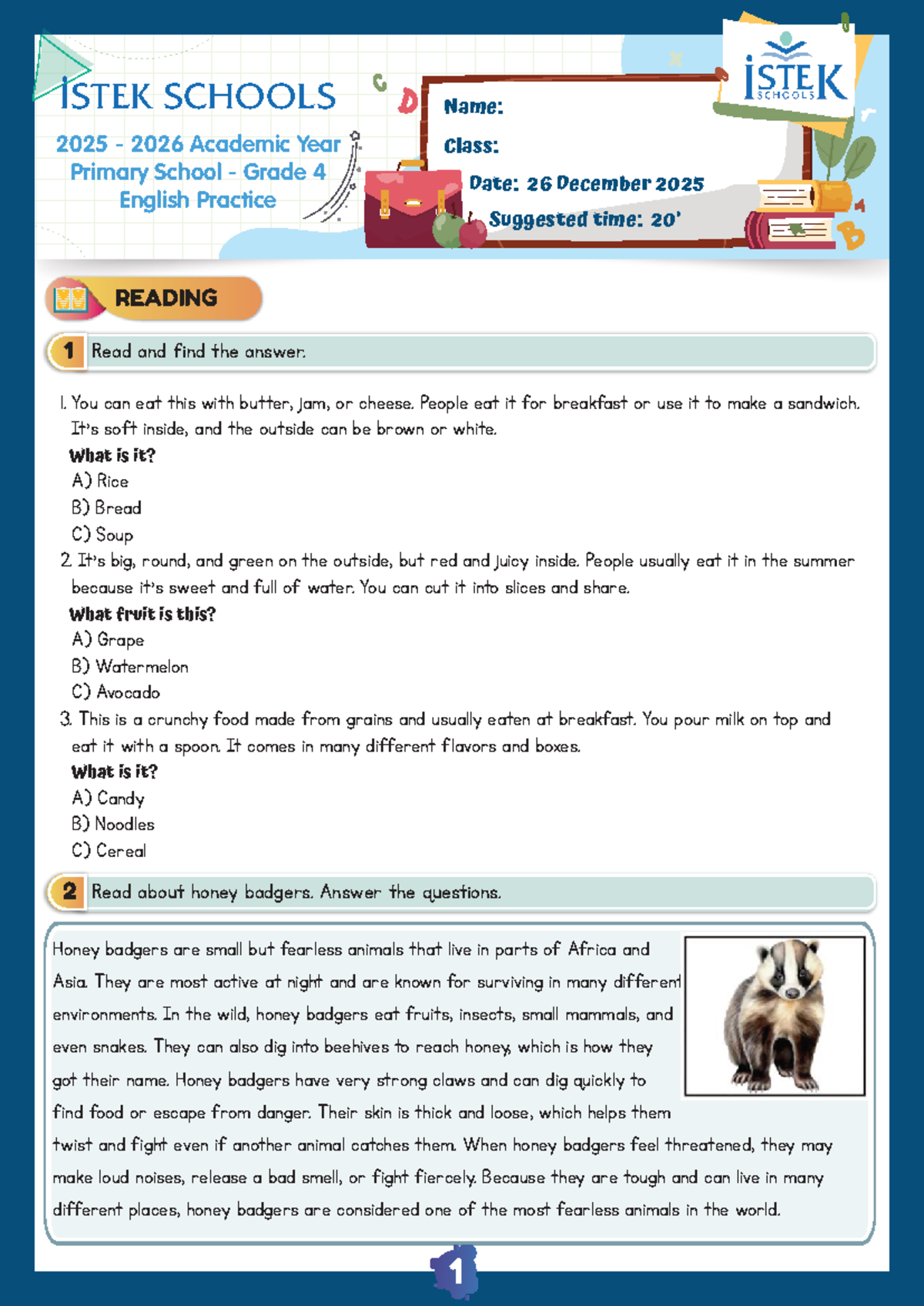 ISTEK SCHOOLS Grade 4 English Practice - December 26, 2025 - Studocu