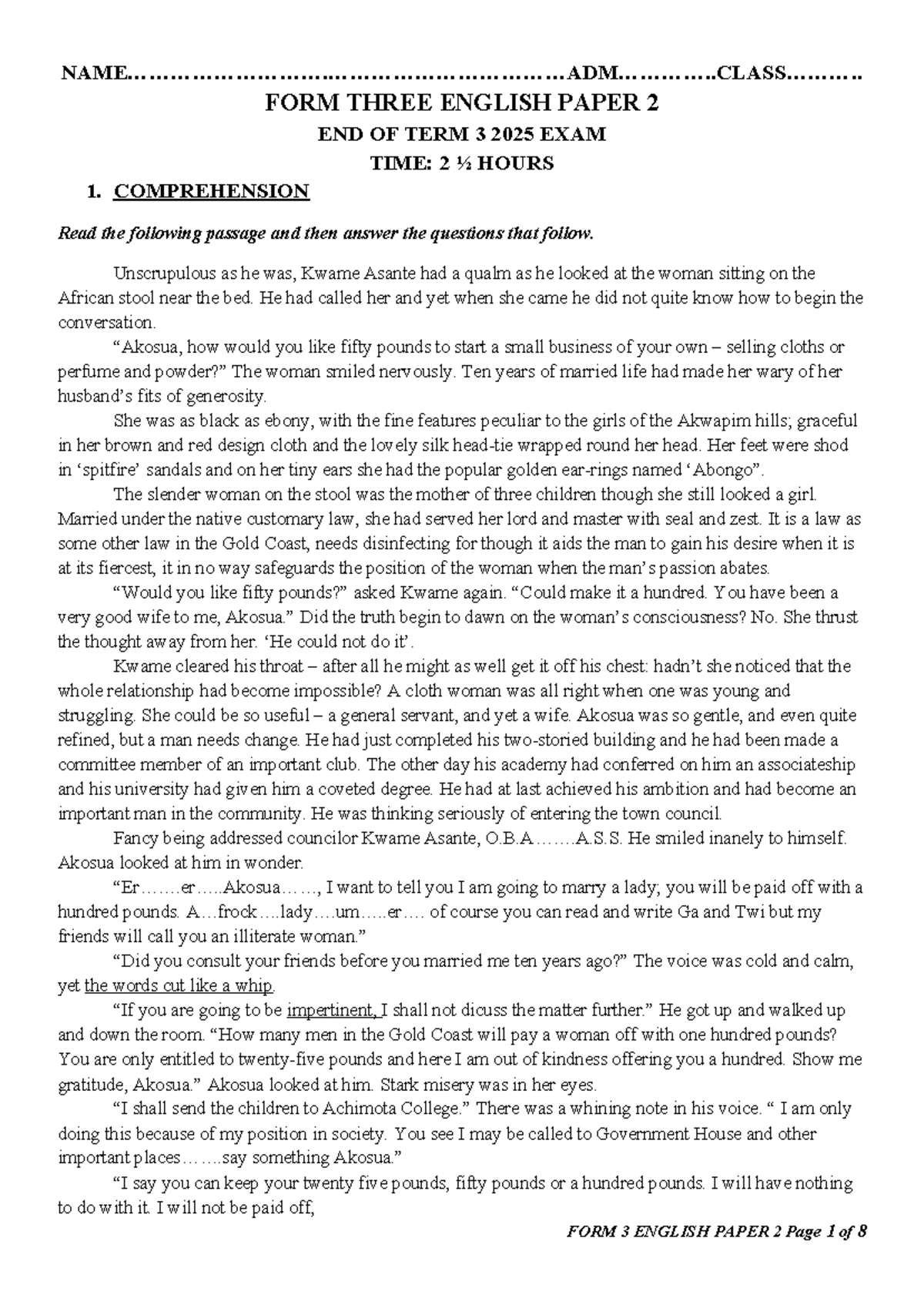 FORM 3 ENGLISH PAPER 2 END OF TERM 3 EXAM QUESTIONS 2025 - Studocu