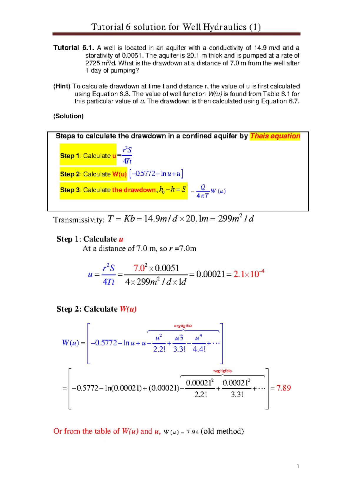 Tutorial Solution Chapter 7 Week 6 - Tutorial 5 solution for Well Hydraulics (2) Tutorial 7. The ...