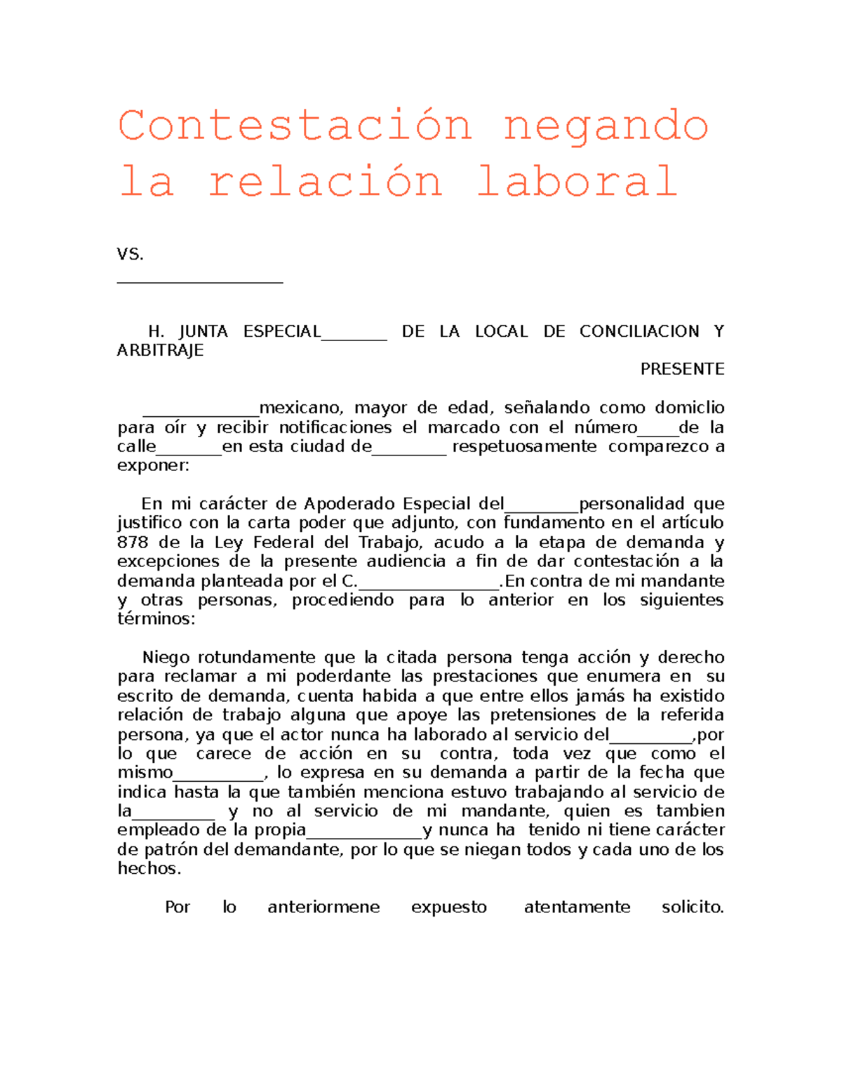 Contestación a la demanda laboral negando relación (Ley Federal) - Studocu