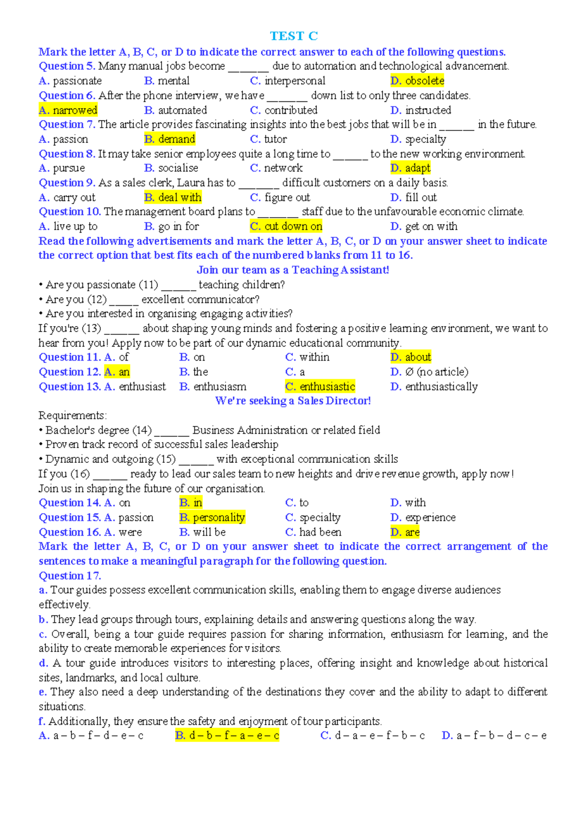 TEST C KEY - Answer Key for Practice Exam - Studocu