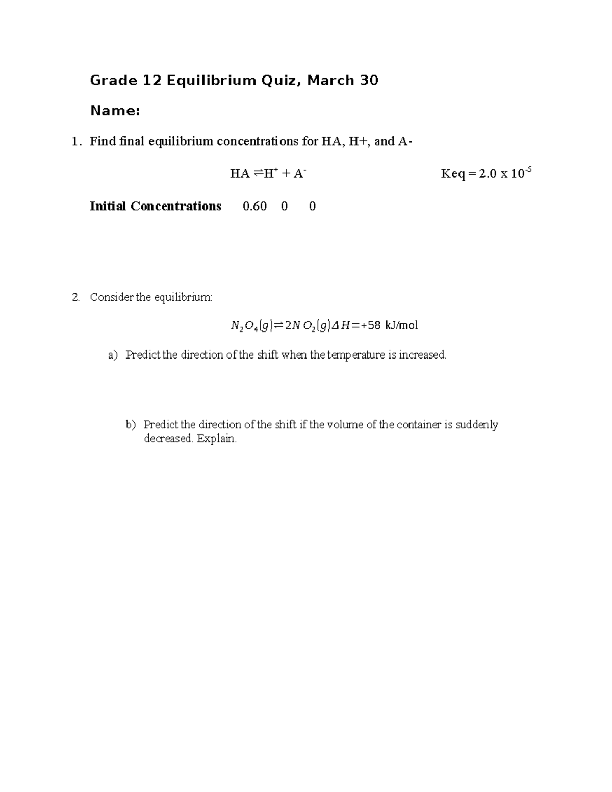 Grade 12 Equilibrium Quiz - Final Exam Review - Studocu