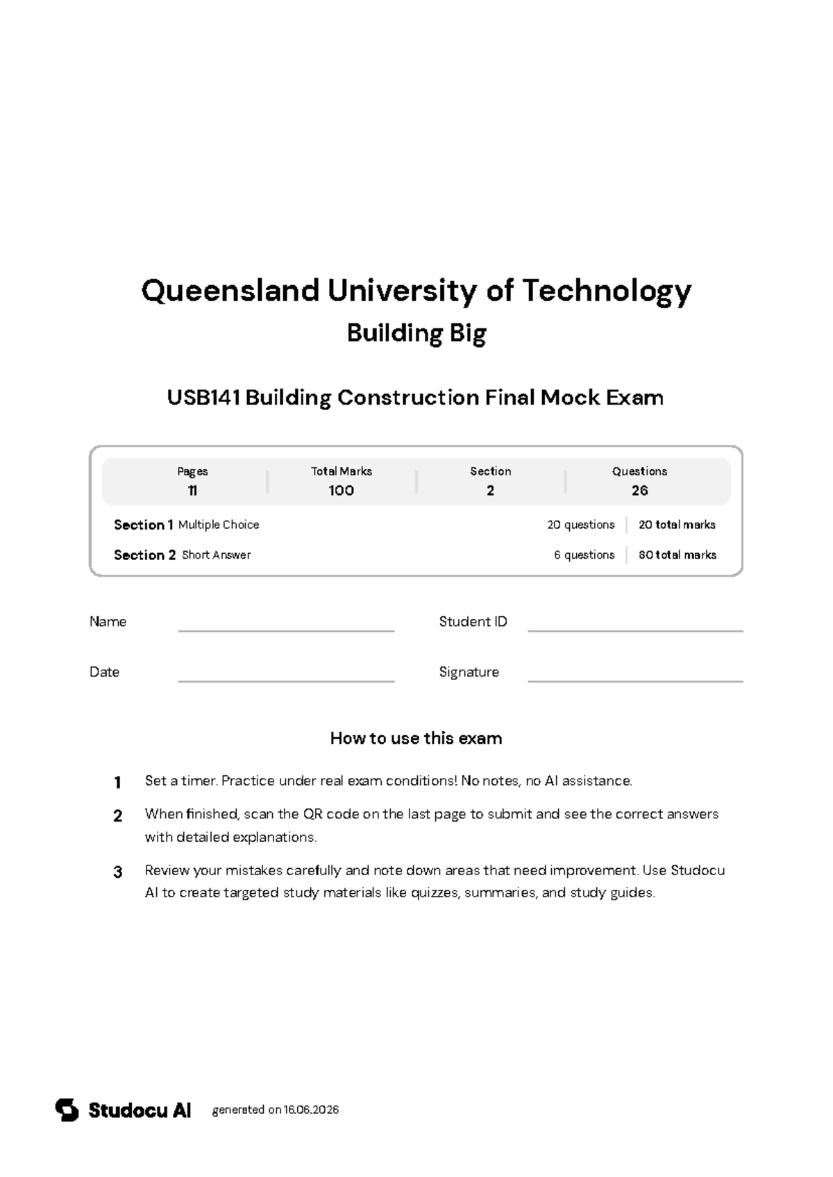 USB141 Building Construction Final Mock Exam - Studocu