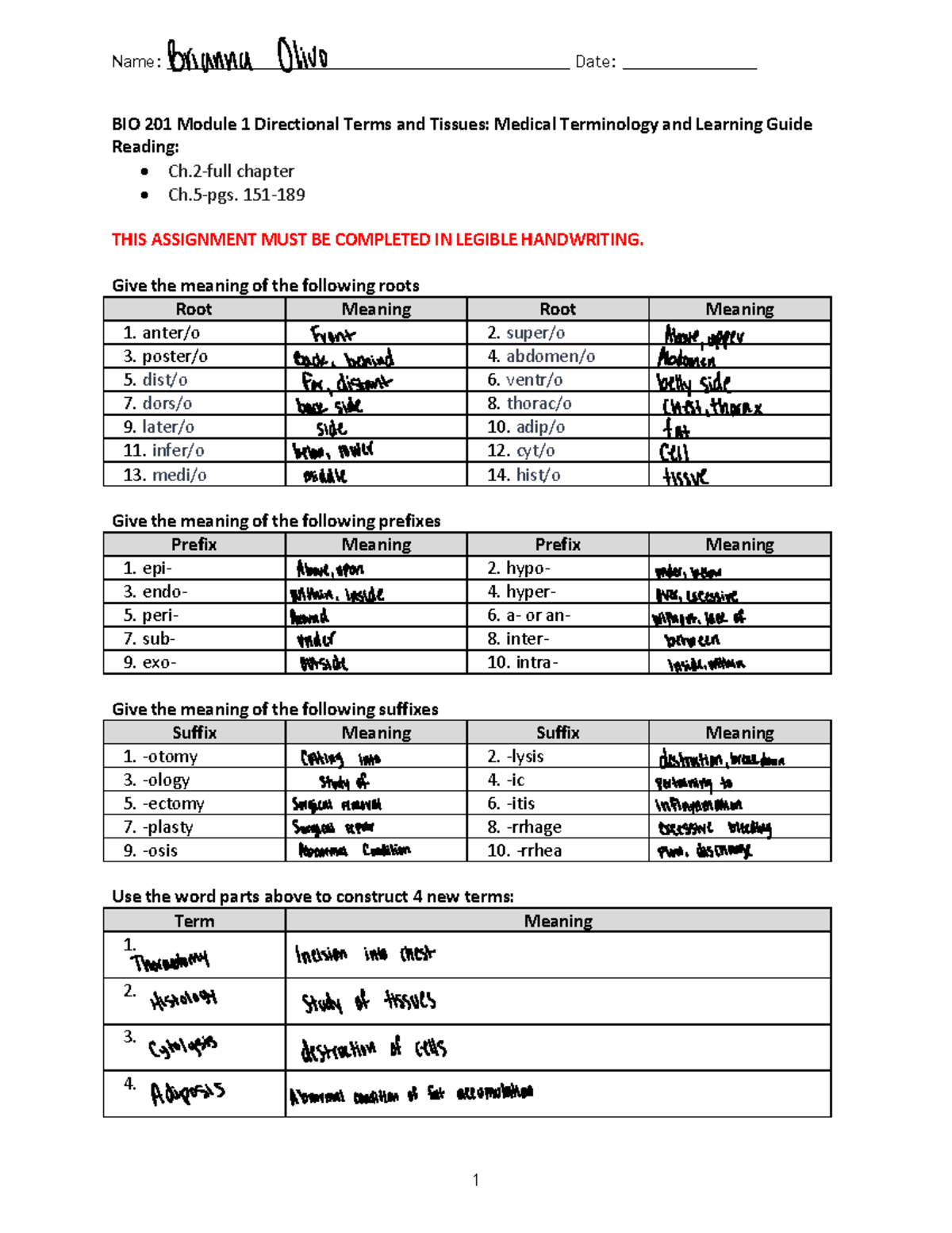 BIO 201 Module 1 Learning Guide: Directional Terms & Tissues - Studocu