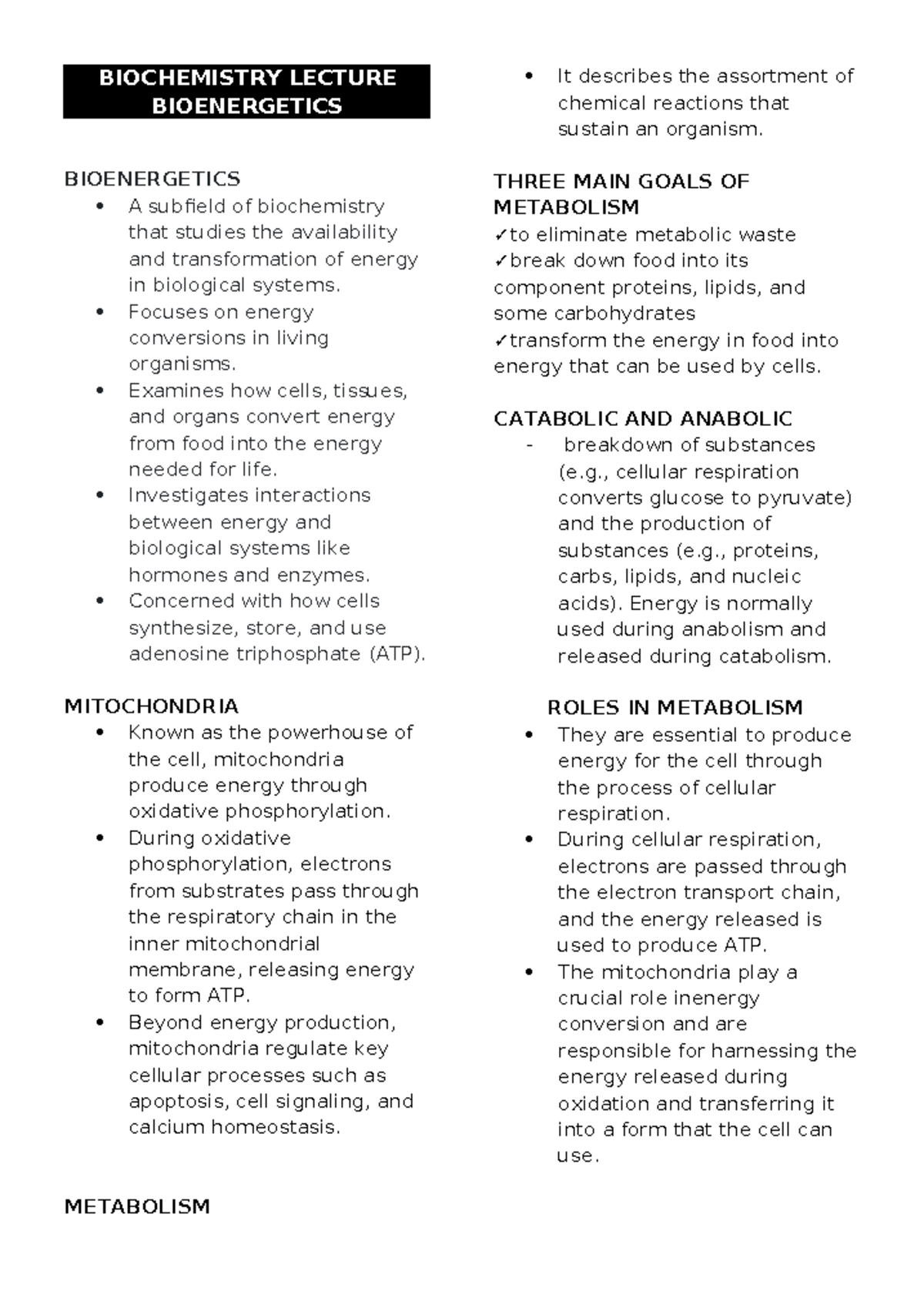 BCH Bioenergetics: Lecture Notes on Cellular Energy Transformations ...