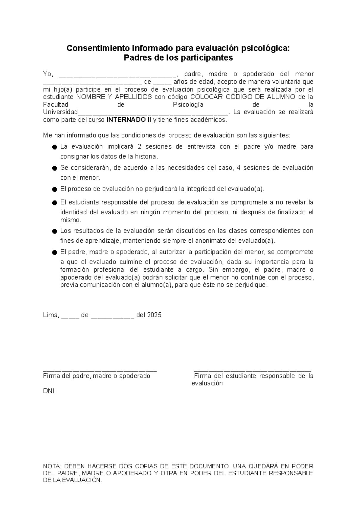 Consentimiento Informado para Evaluación Psicológica - Internado II ...