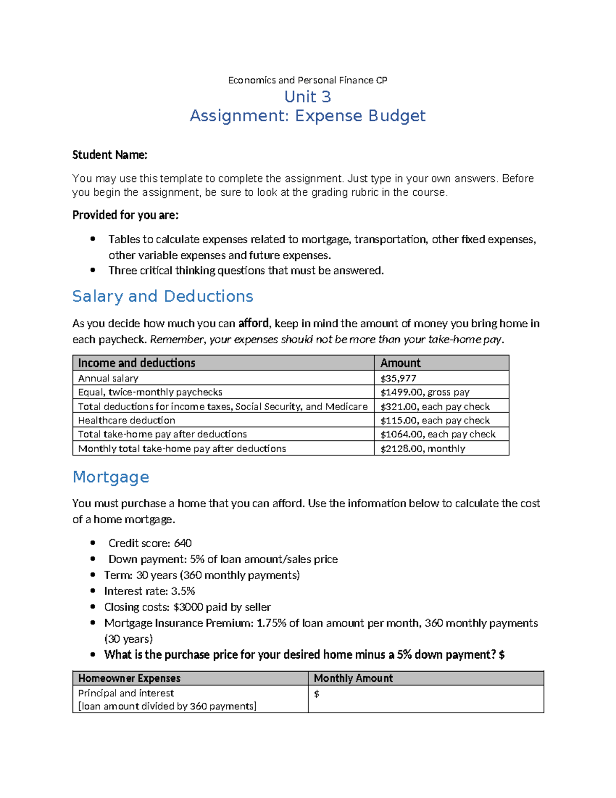 Unit 3: Expense Budget Assignment in Economics and Personal Finance CP ...