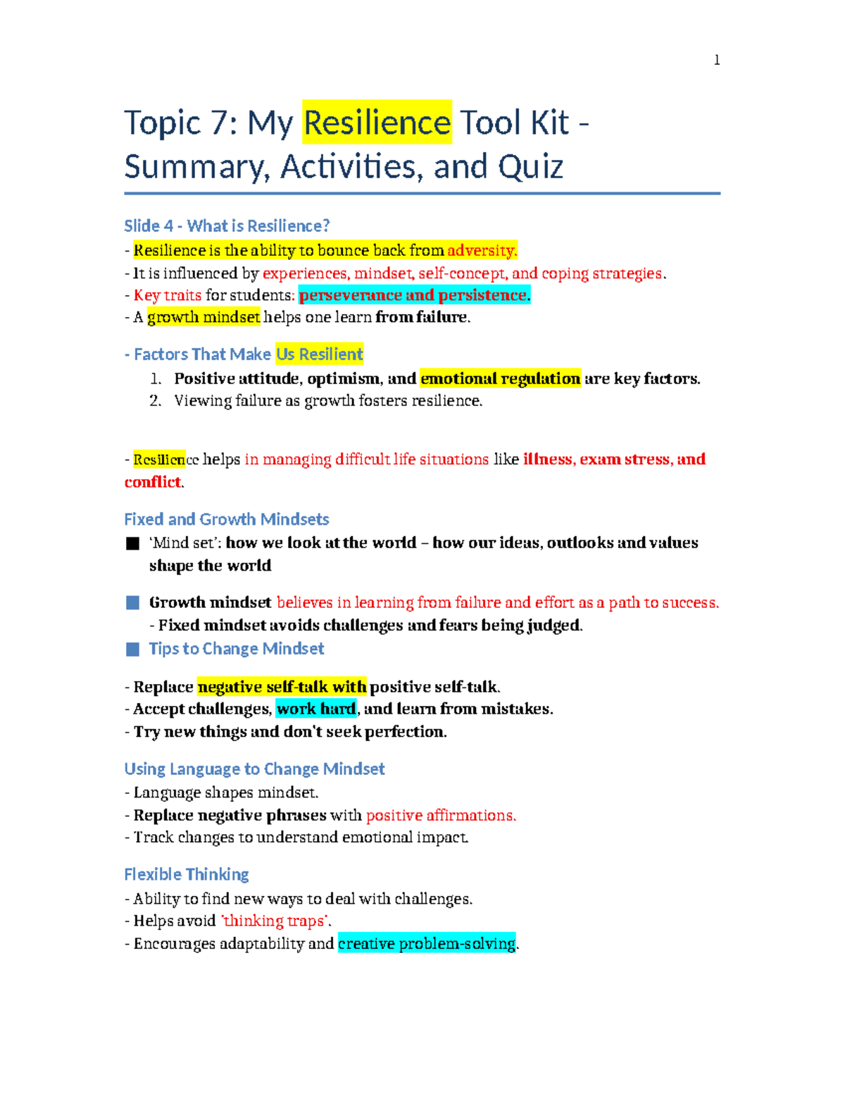 Topic 7: Resilience Notes, Activities, and Quiz Summary - Studocu