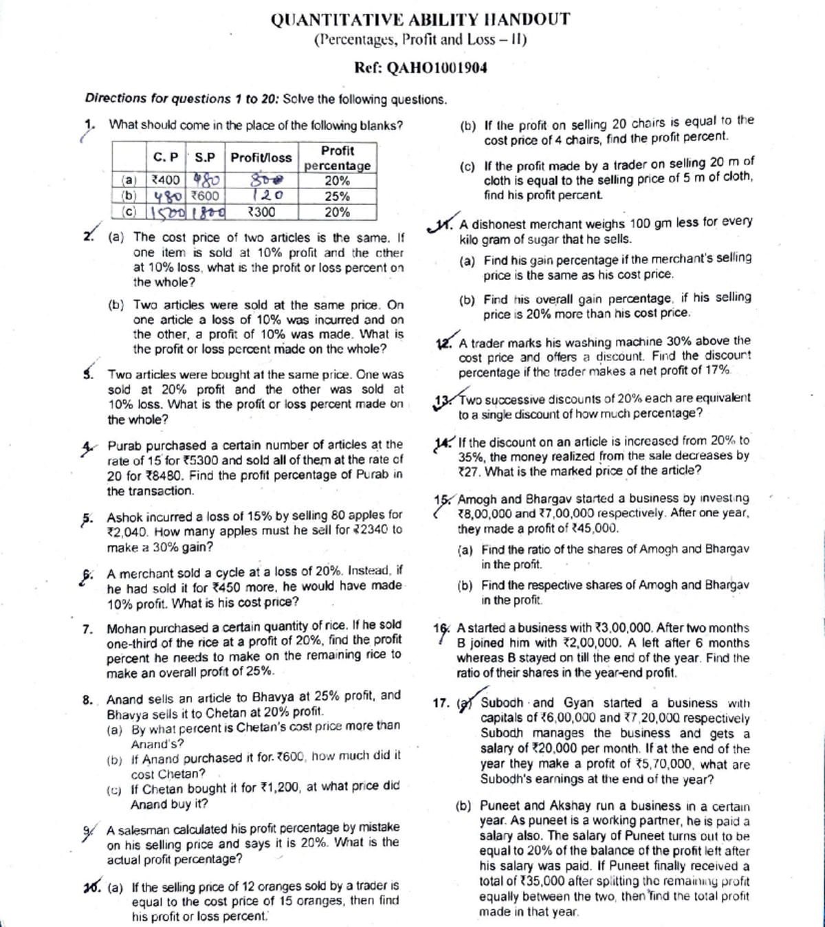 Quantitative Ability Handout: Percentages, Profit & Loss - QAHO 11 ...