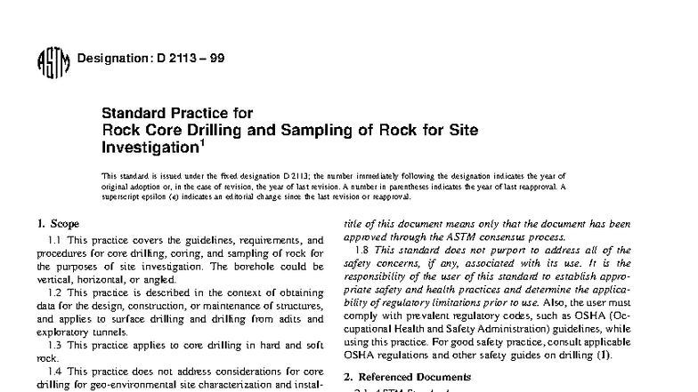 ASTM D2113 Standard Practice for Rock Core Drilling Techniques - Studocu