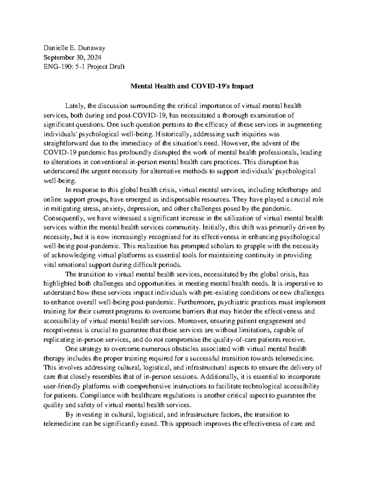 ENG-190 5-1 Project Draft: Impact of COVID-19 on Mental Health Services ...