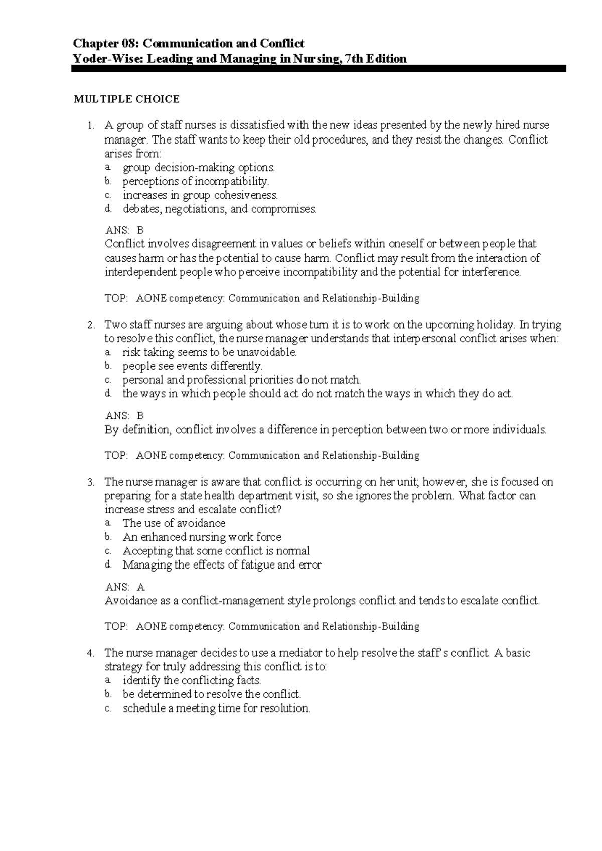 Chapter 08: Communication and Conflict in Nursing Management (YW) - Studocu