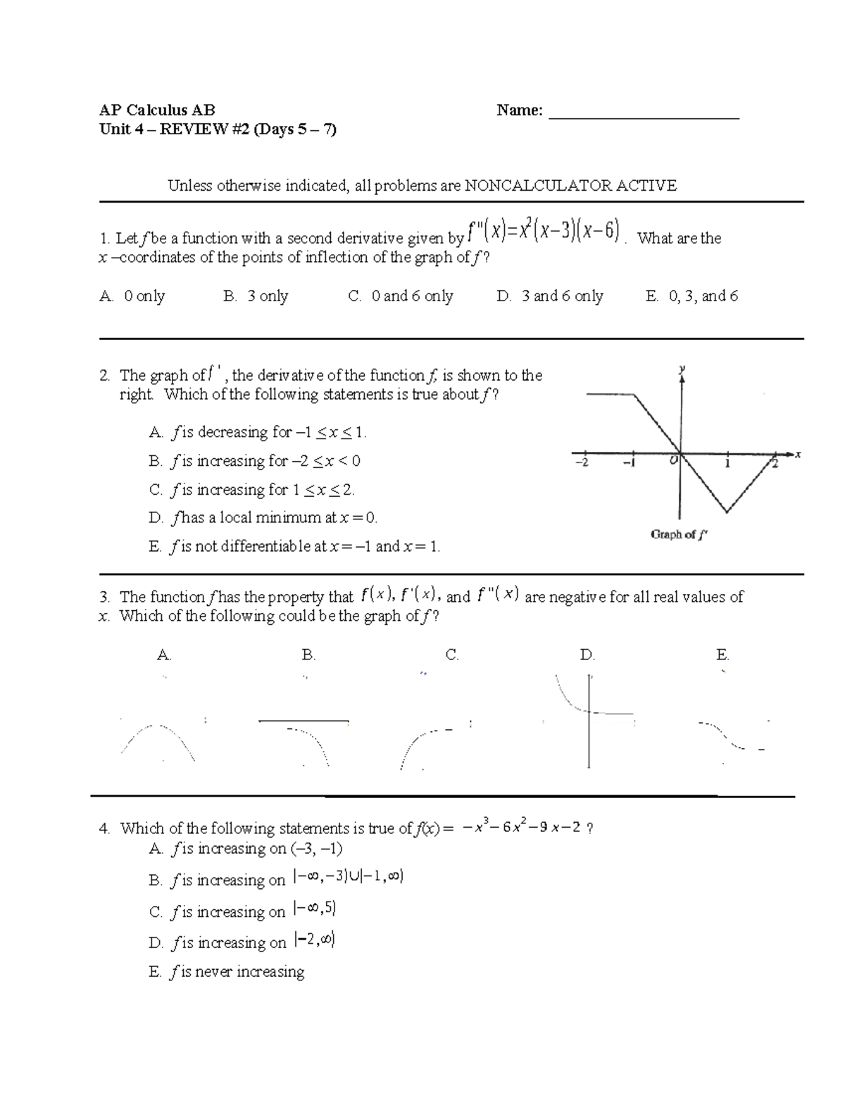 AP Calculus AB Unit 4 Review #2 (Days 5 - 7) - Non-Calculator Active ...