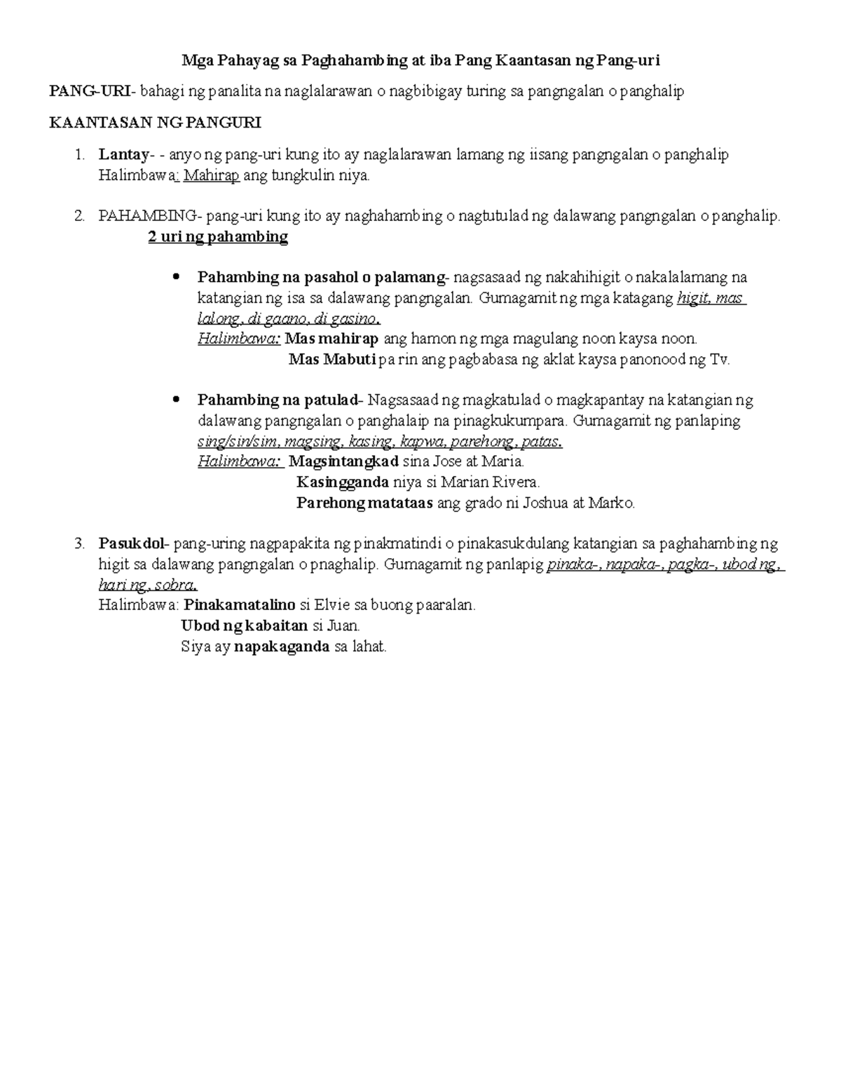 Grade 7 Lecture Notes: Paghahambing at Kaantasan ng Pang-uri - Studocu