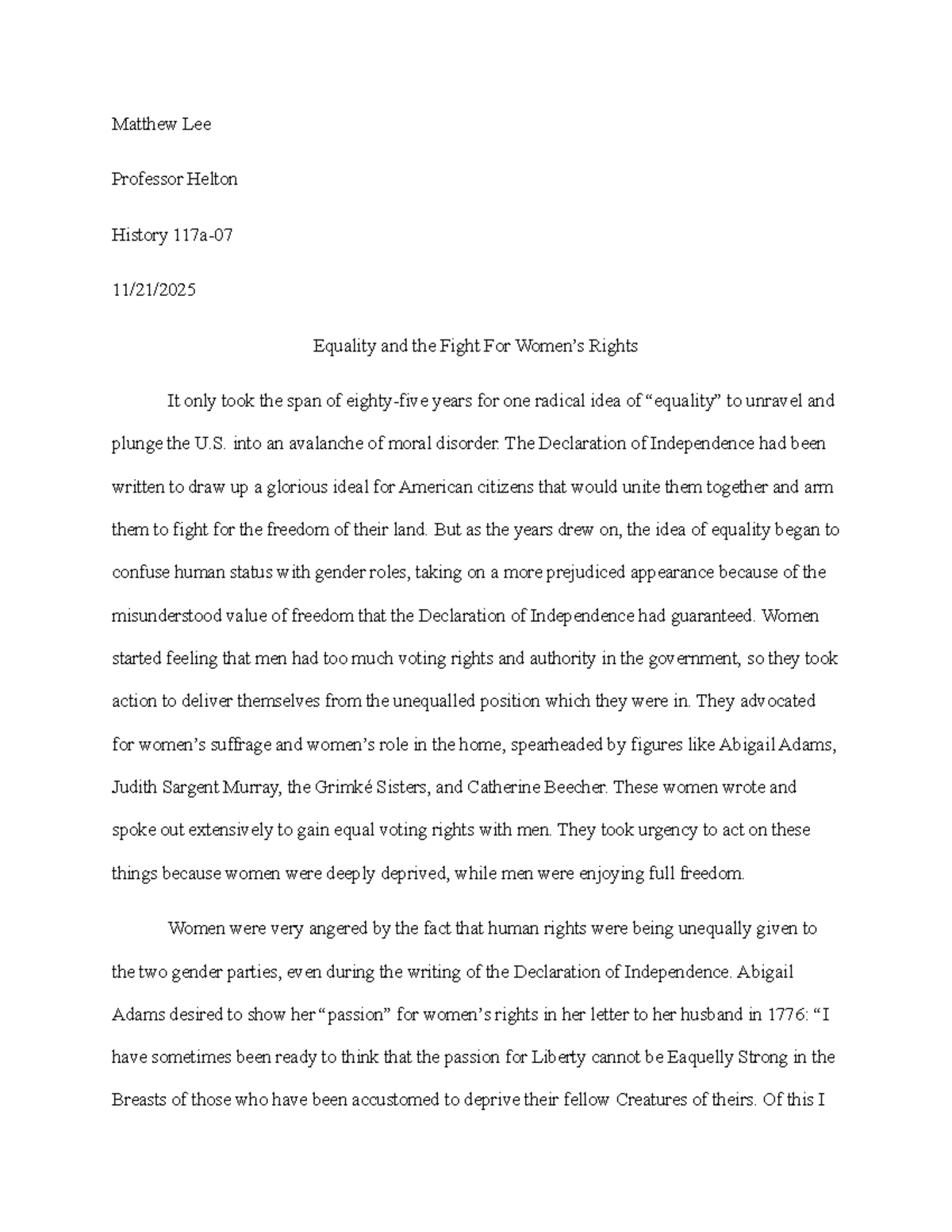 HIST 201 Midterm Essay 2 - Equality and the Fight For Women’s Rights ...
