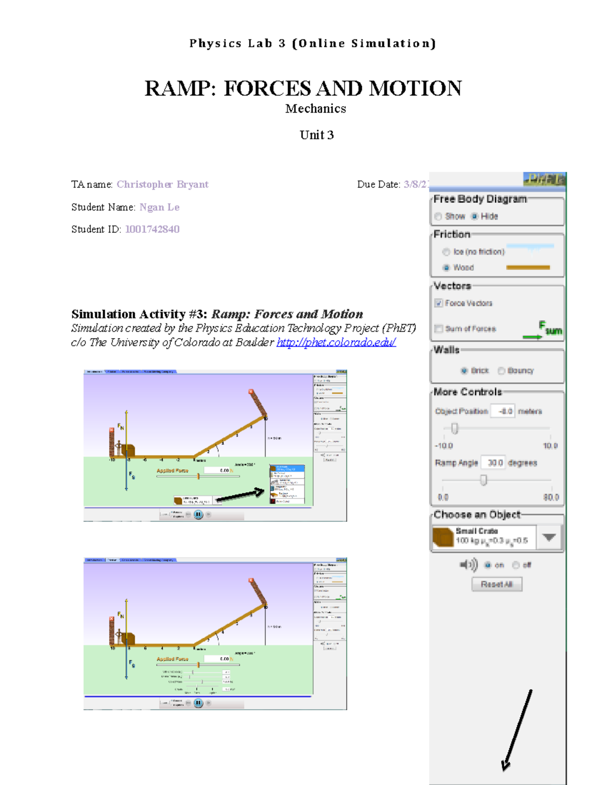 Lab 3 - Lab assignment. - RAMP: FORCES AND MOTION Mechanics Unit 3 TA ...