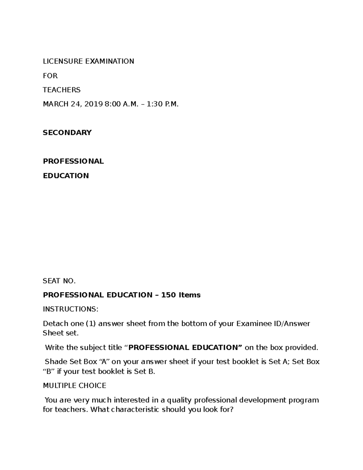 LICENSURE EXAMINATION FOR TEACHERS: PROFESSIONAL EDUCATION REVIEW - Studocu