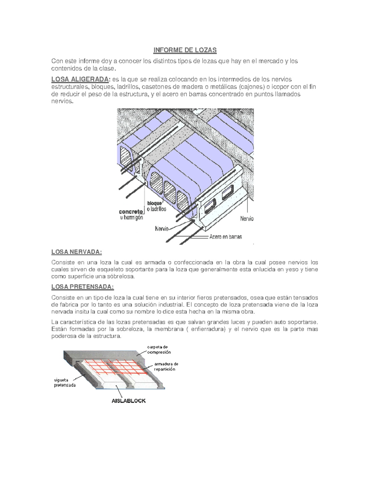 Informe sobre Tipos de Loza en Construcción y Diseño Estructural - Studocu