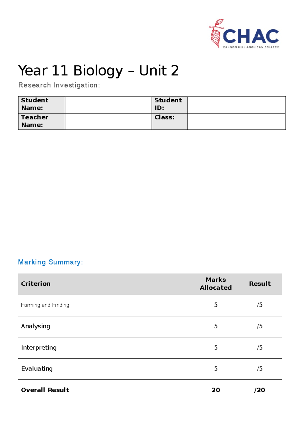 Year 11 Biology Unit 2 Research Investigation Task Sheet - Studocu