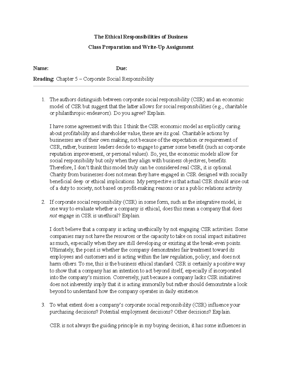 Chapter 5 CSR: Ethical Responsibilities in Business Prep & Write-Up ...