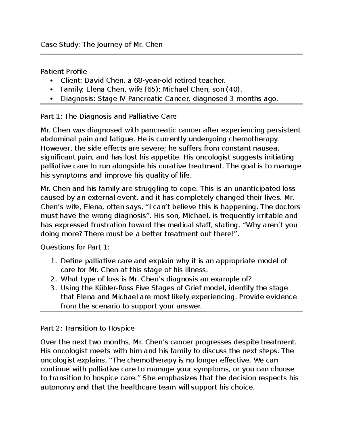 Case Study: Death and Dying of Mr. Chen (Patient Profile) - Studocu